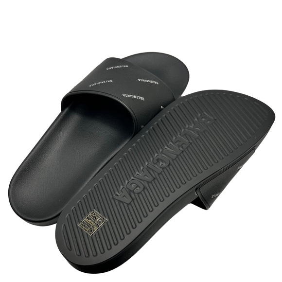 Balenciaga | Shoes | Balenciaga Pool Slides With Allover Logo Lettering ...